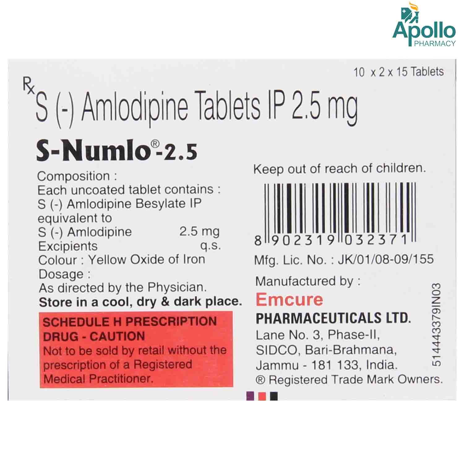 S-Numlo 2.5 Tablet 15's Price, Uses, Side Effects, Composition - Apollo ...