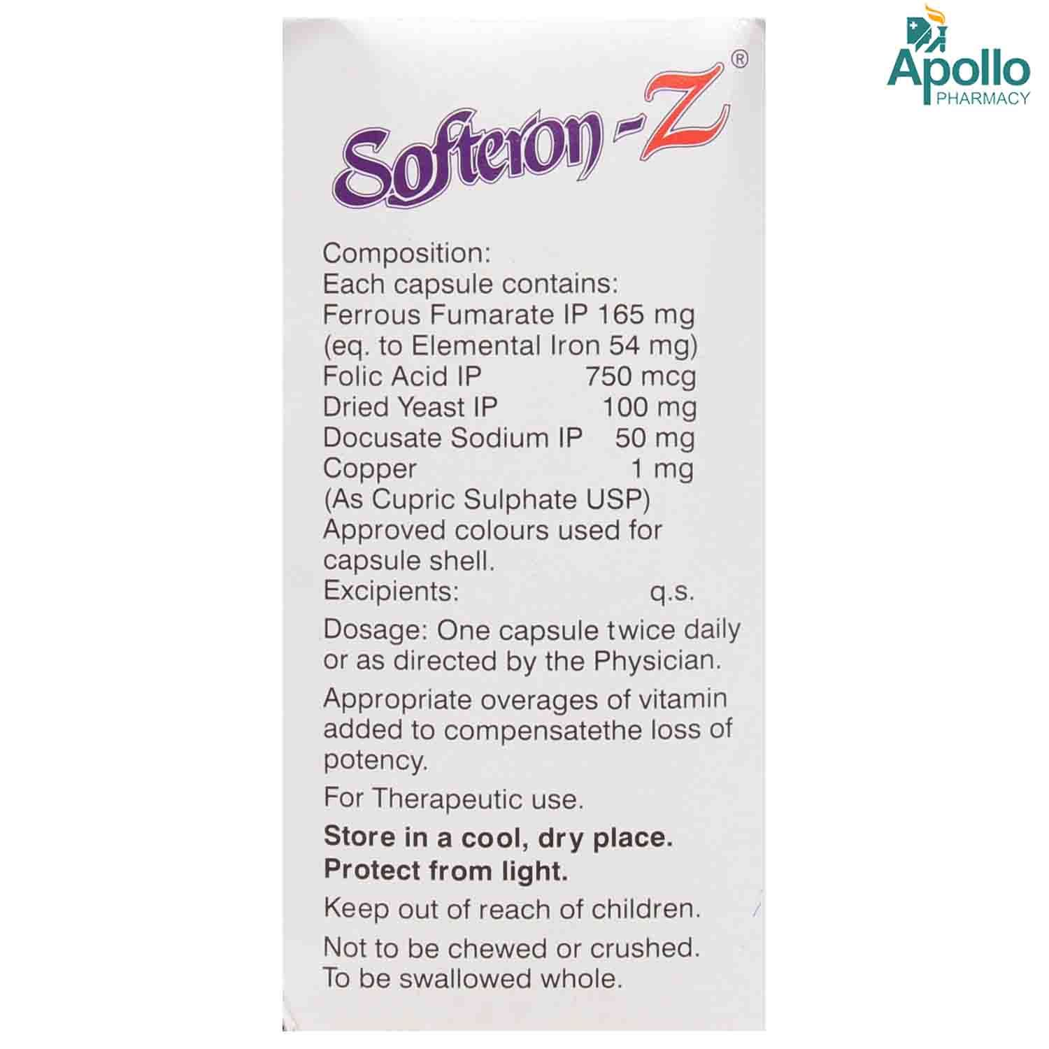 Softeron-Z Capsule 15's Price, Uses, Side Effects, Composition - Apollo ...