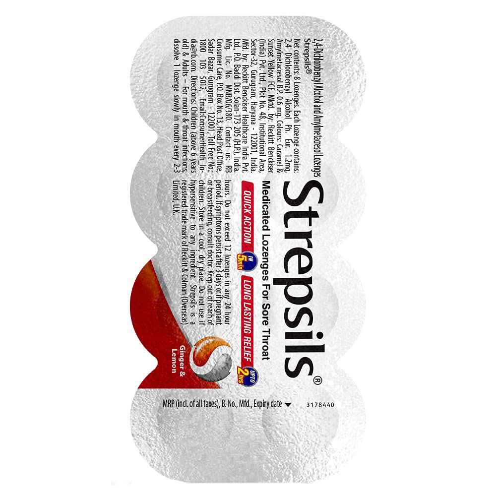 Strepsils Ginger & Lemon Medicated Lozenges for Sore Throat, 8 Count ...