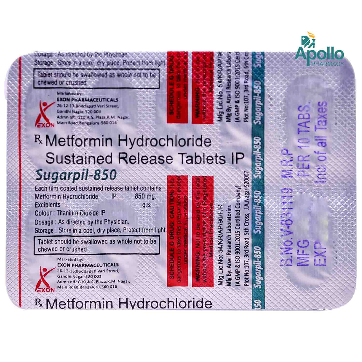 Sugarpil-850mg Sr Tablet | Uses, Side Effects, Price | Apollo Pharmacy