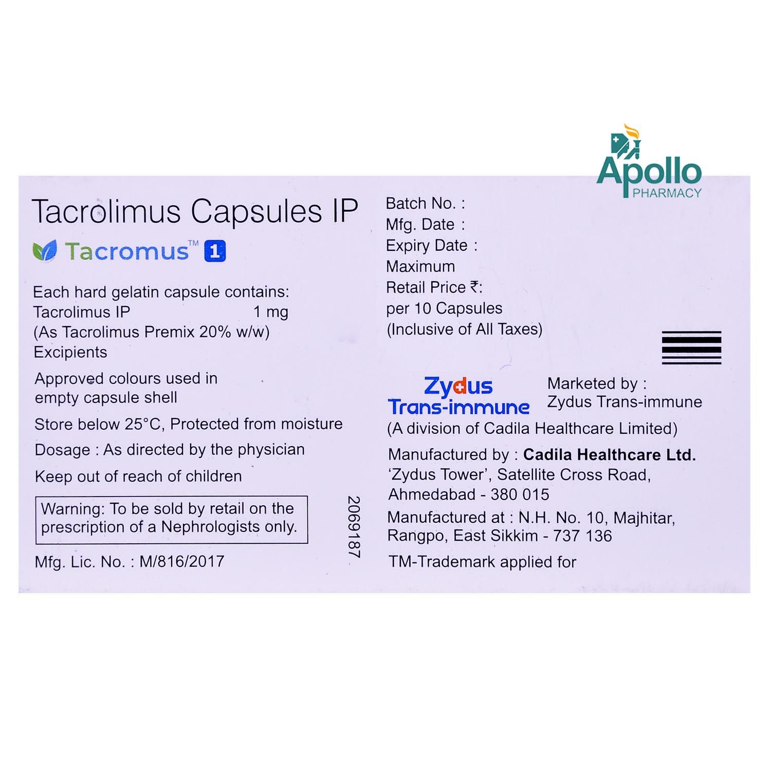 Tacromus 1 Capsule 10's Price, Uses, Side Effects, Composition - Apollo ...