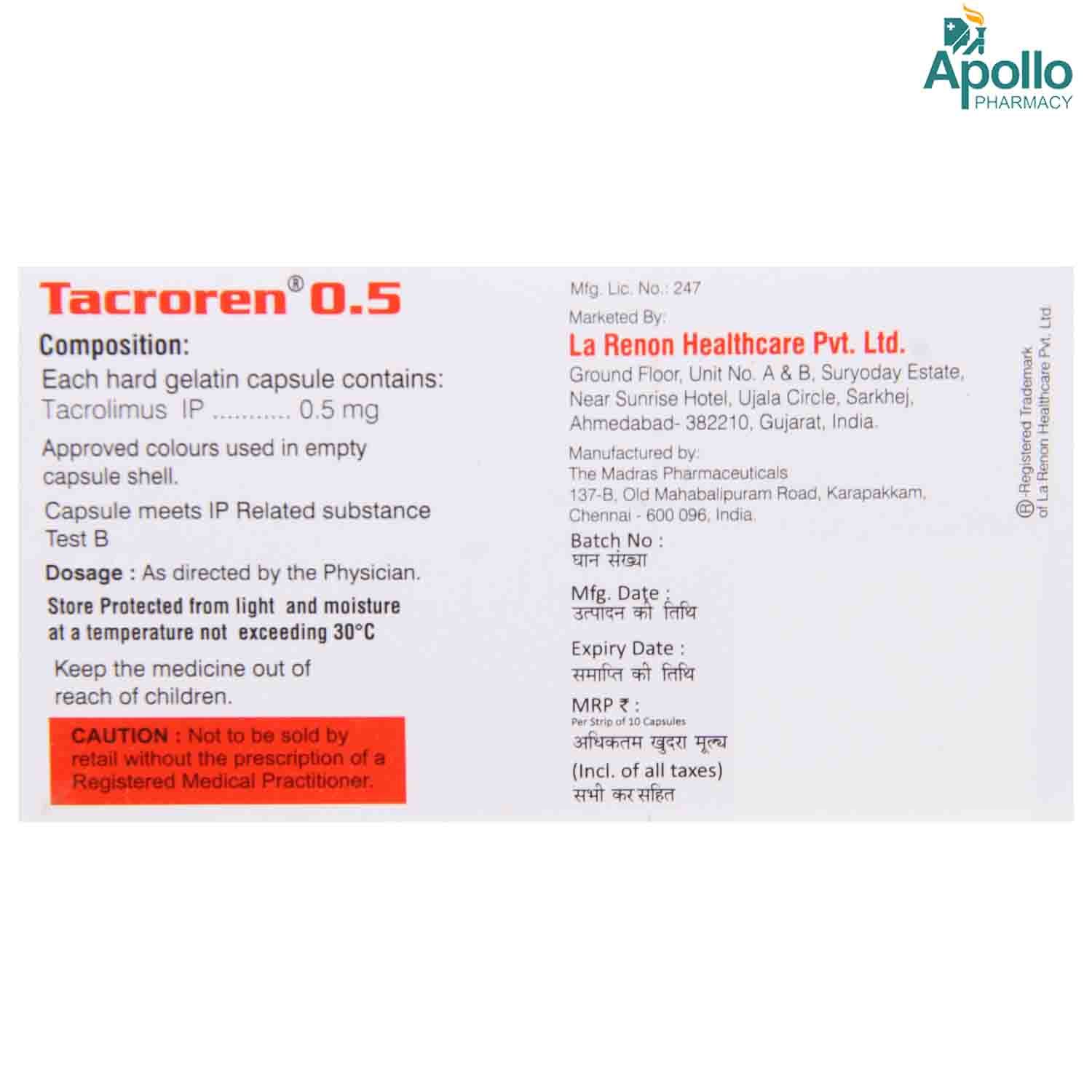 Tacroren 0.5 Tablet 10's Price, Uses, Side Effects, Composition ...