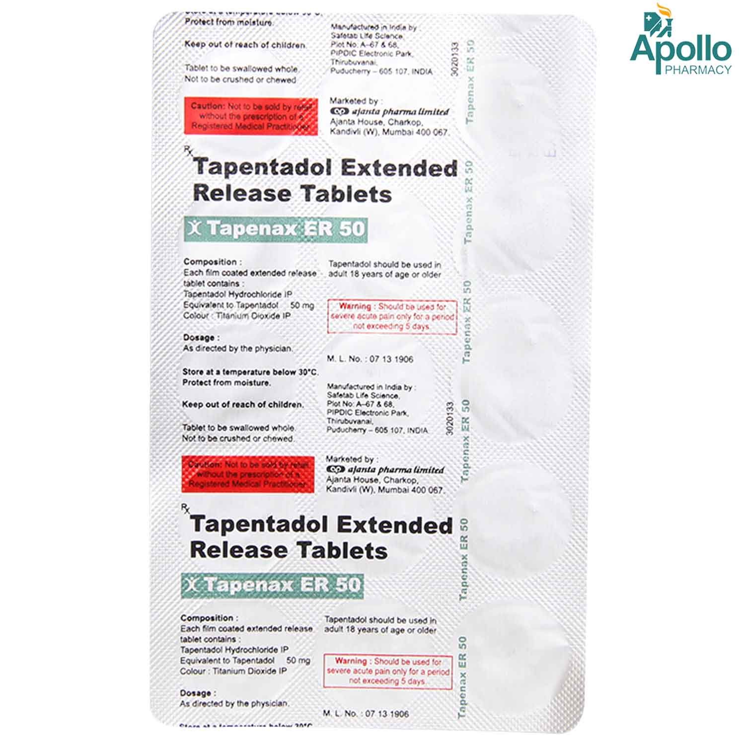 Tapenax ER 50 Tablet | Uses, Side Effects, Price | Apollo Pharmacy