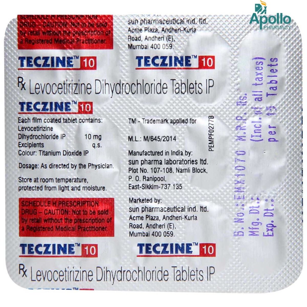 Teczine 10 Tablet 15's Price, Uses, Side Effects, Composition - Apollo Pharmacy