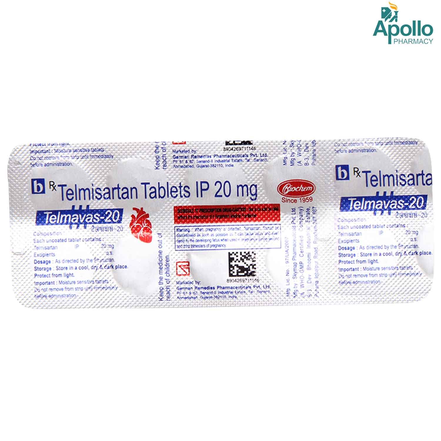 TELMAVAS 20MG TABLET 10'S Price, Uses, Side Effects, Composition ...