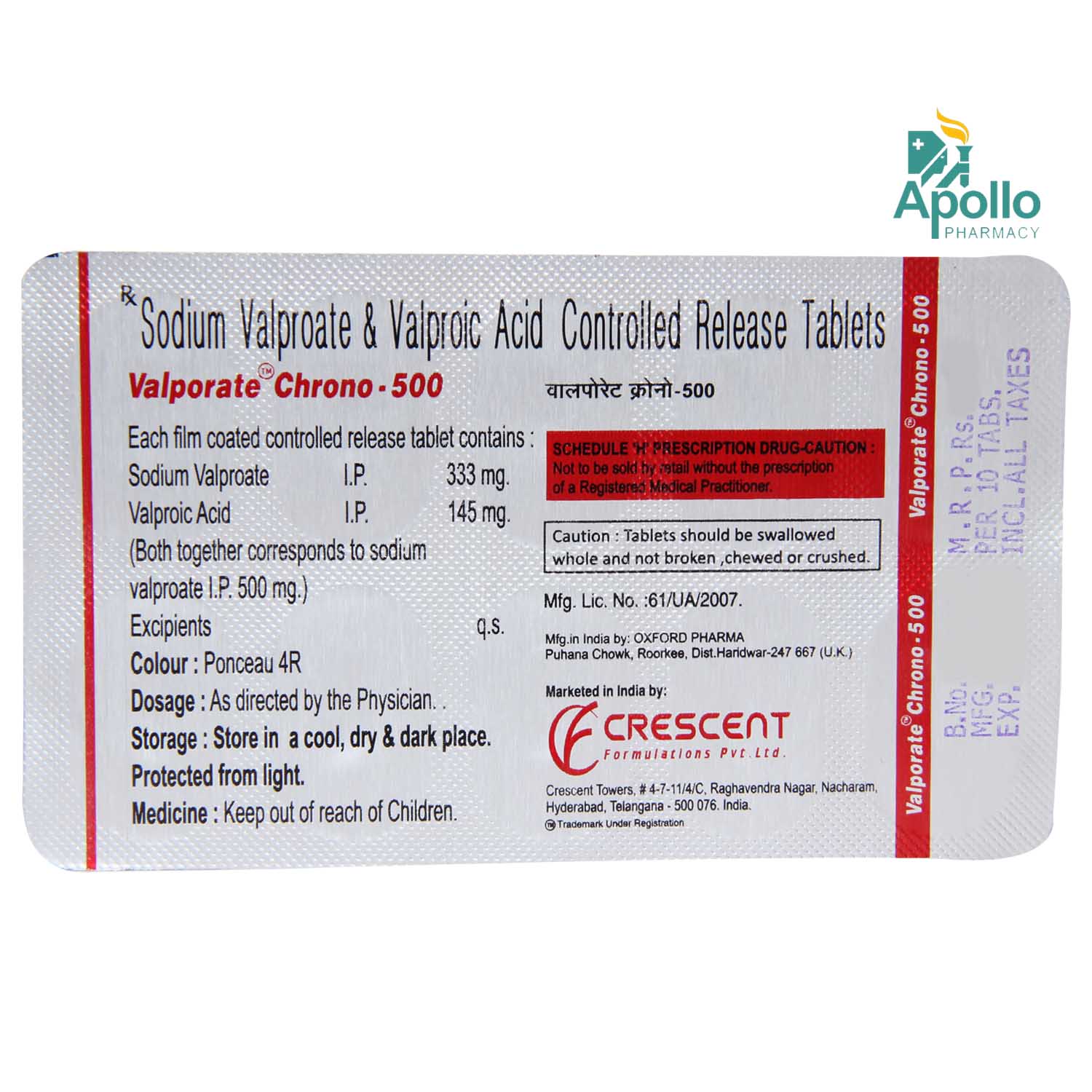 Valporate Chrono-500 Tablet 10's Price, Uses, Side Effects, Composition ...