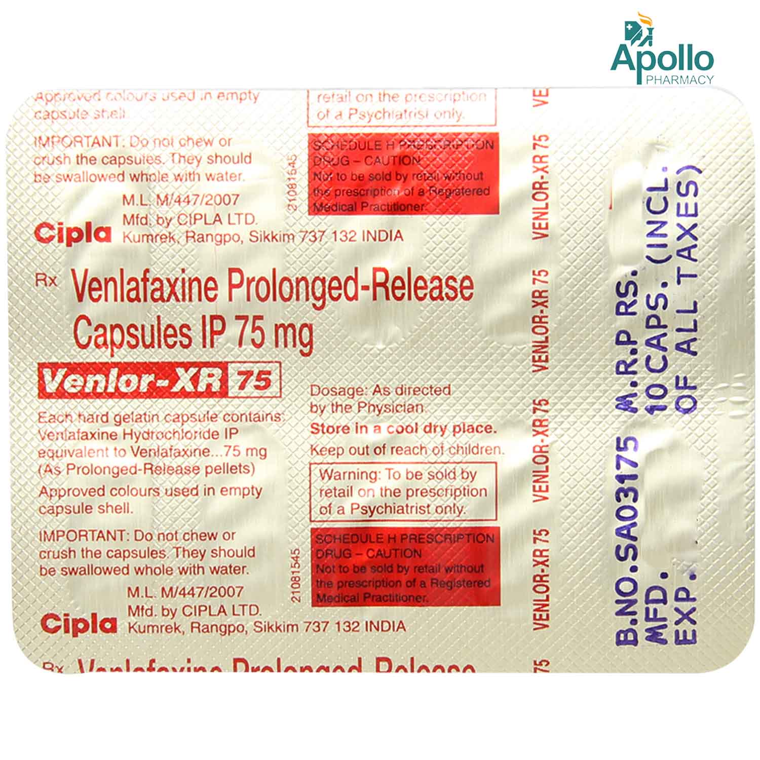 Venlor-XR 75 Capsule 10's Price, Uses, Side Effects, Composition ...