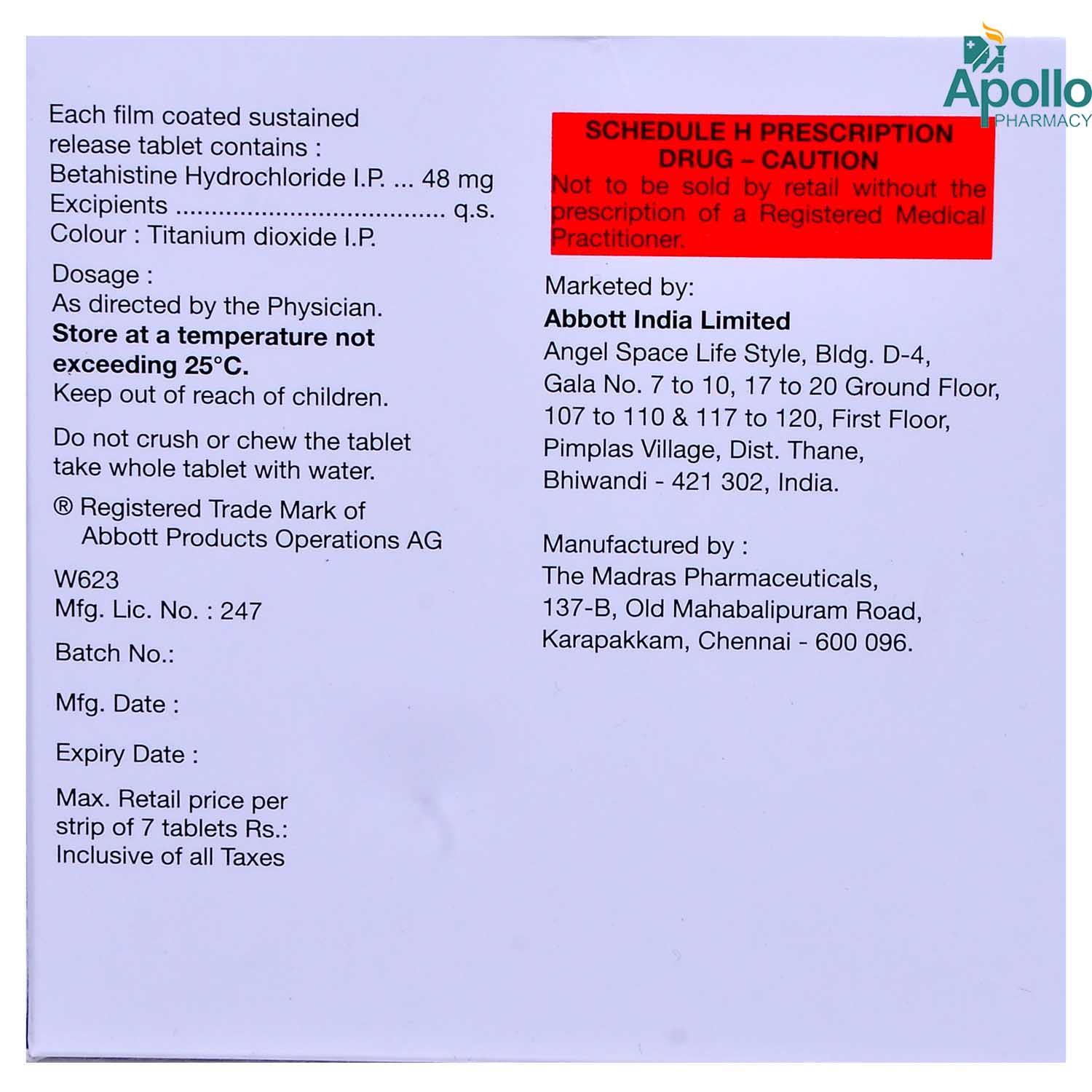 Vertin OD 48 mg Tablet 7's Price, Uses, Side Effects, Composition ...