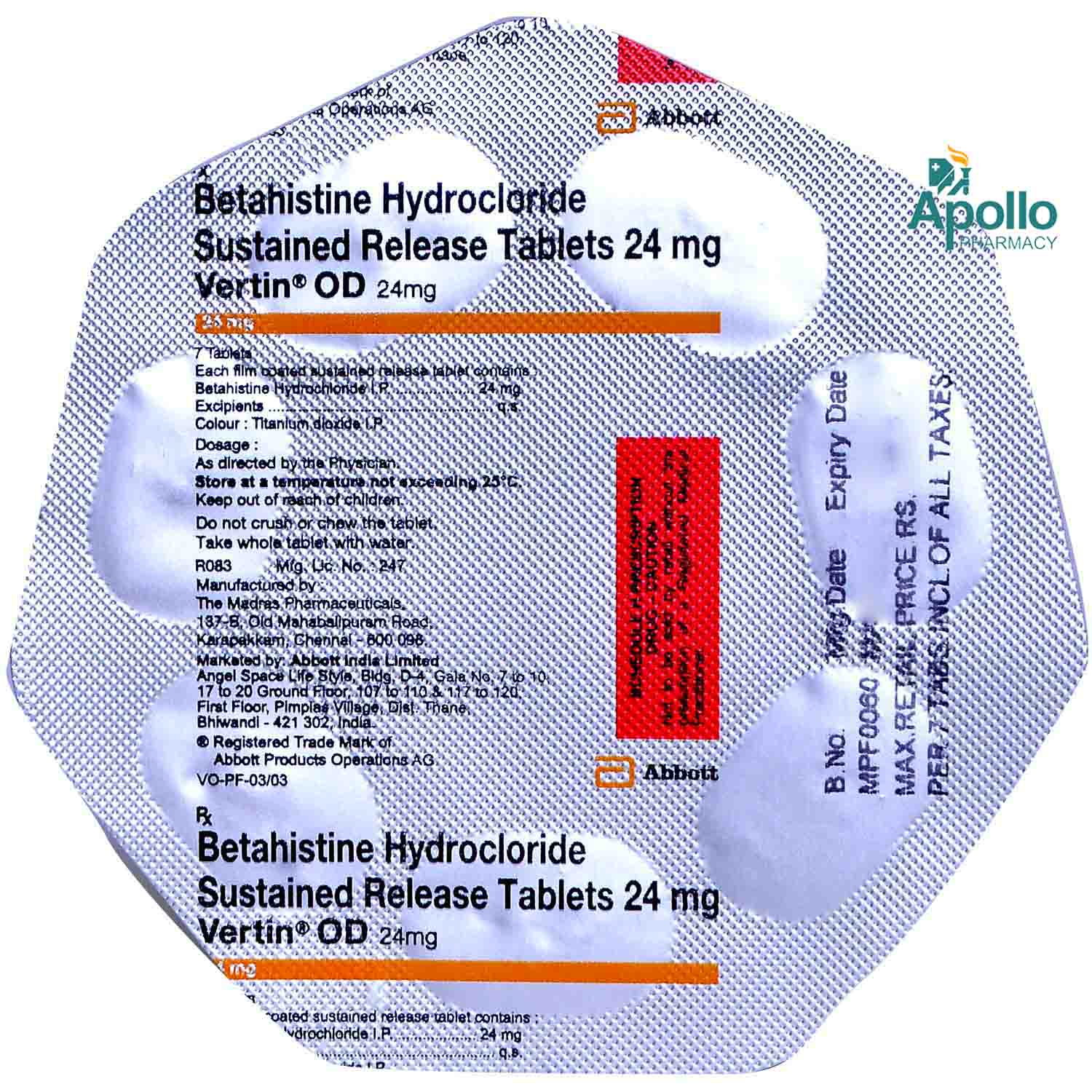 Vertin OD 24 Tablet 7's Price, Uses, Side Effects, Composition - Apollo ...