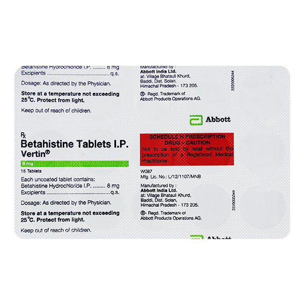 Vertin 8 mg Tablet | Uses, Side Effects, Price | Apollo Pharmacy