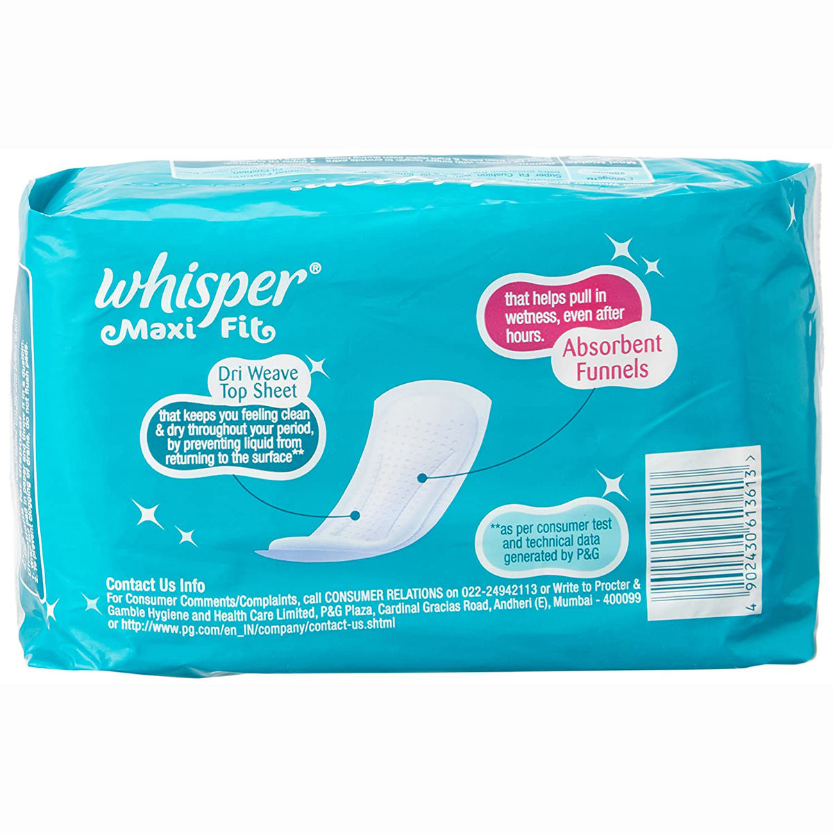 Whisper Maxi Fit Sanitary Pads Regular, 8 Count Price, Uses, Side ...