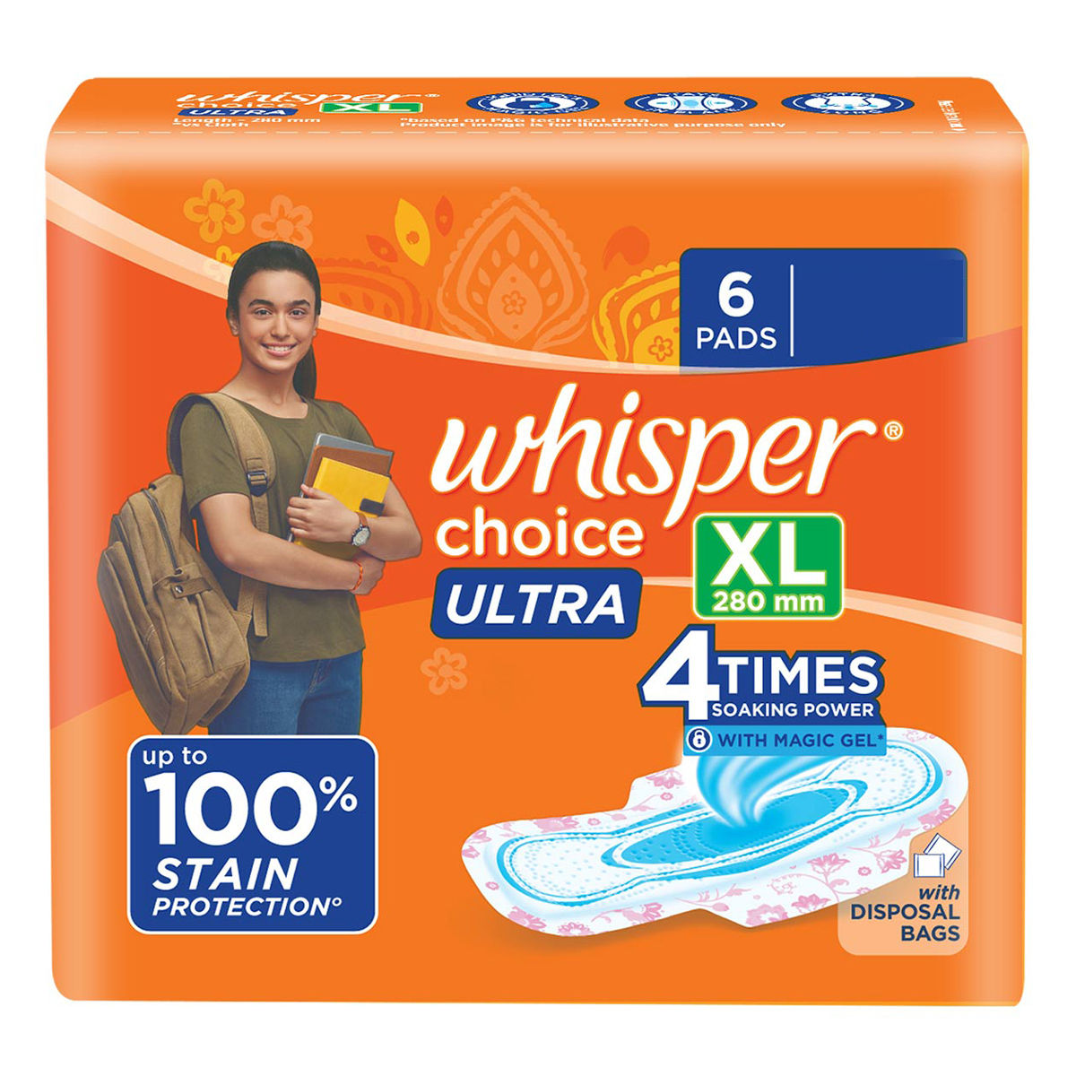 Whisper Choice Ultra Wings Sanitary Pads XL, 6 Count Price, Uses, Side ...