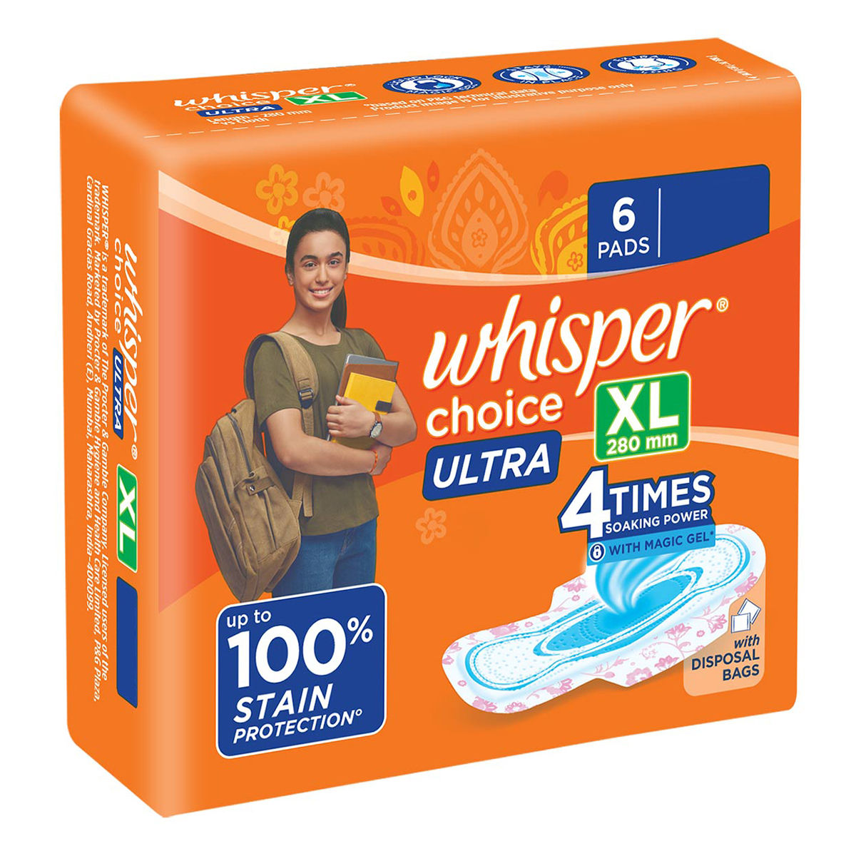 Whisper Choice Ultra Wings Sanitary Pads XL, 6 Count Price, Uses, Side ...