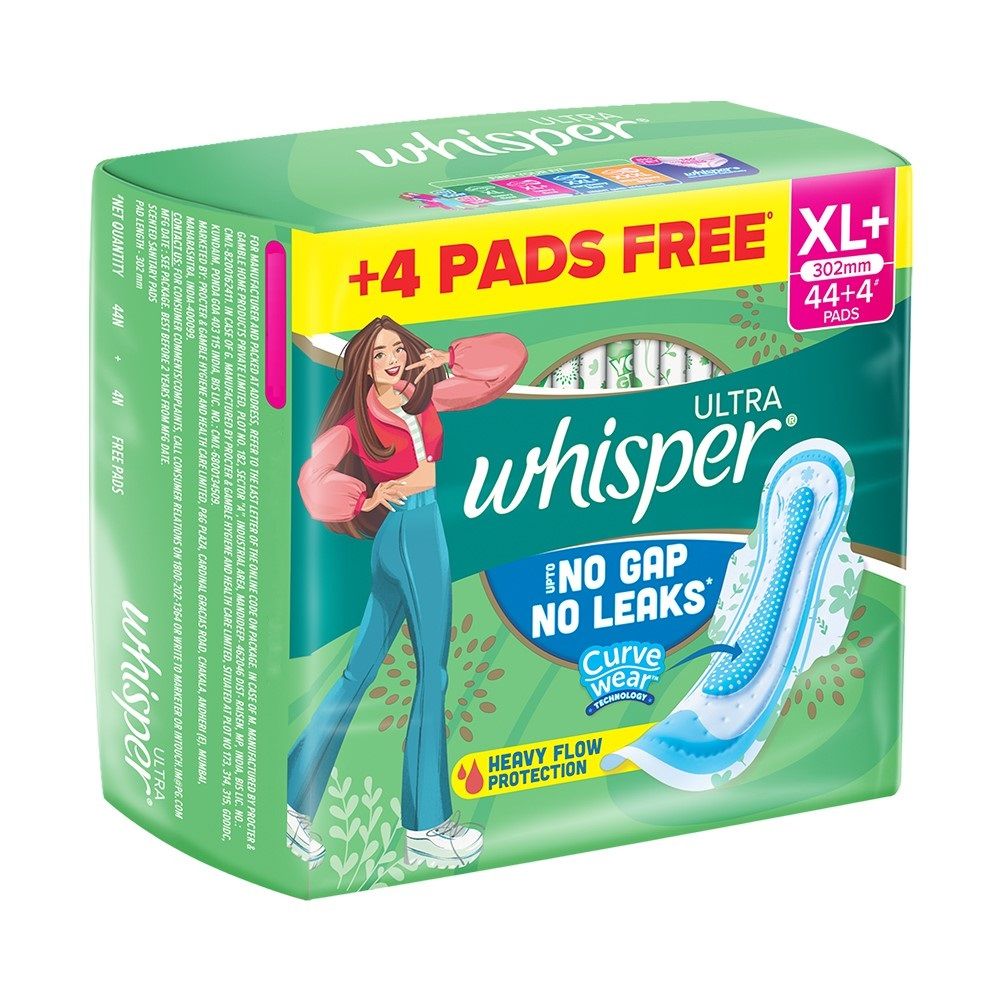 Buy Whisper Ultra Upto No Gap No Leaks Sanitary Pads XL+, 44 Count | 19 ...