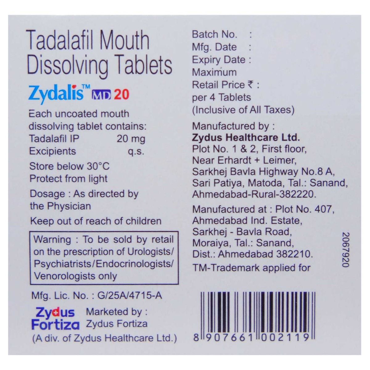 Zydalis MD 20 Tablet | Uses, Side Effects, Price | Apollo Pharmacy