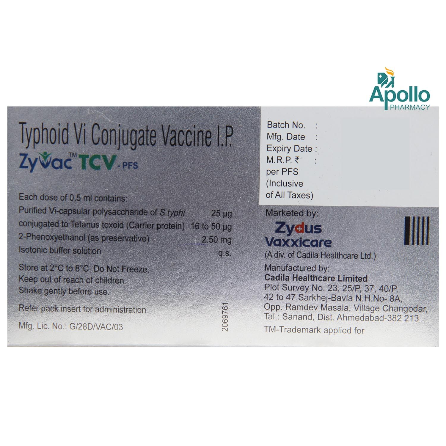 Zyvac Tcv 25mcg Vaccine 0.5ml Price, Uses, Side Effects, Composition ...
