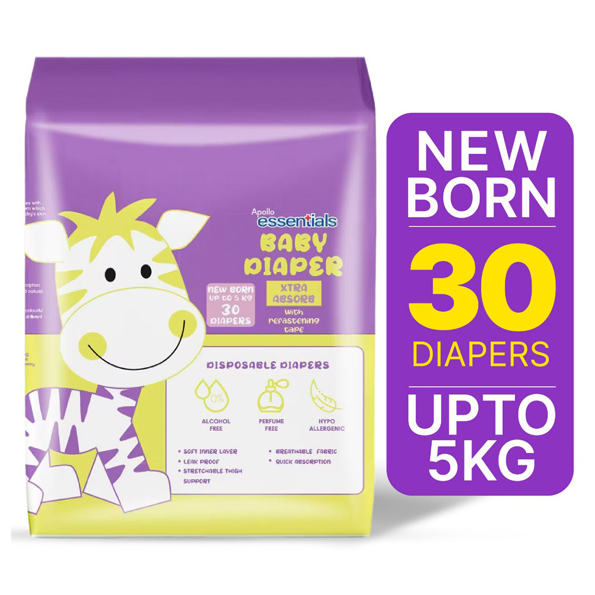 Buy Apollo Essentials Extra Absorb Baby Diapers New Born, 30 Count | 19 ...