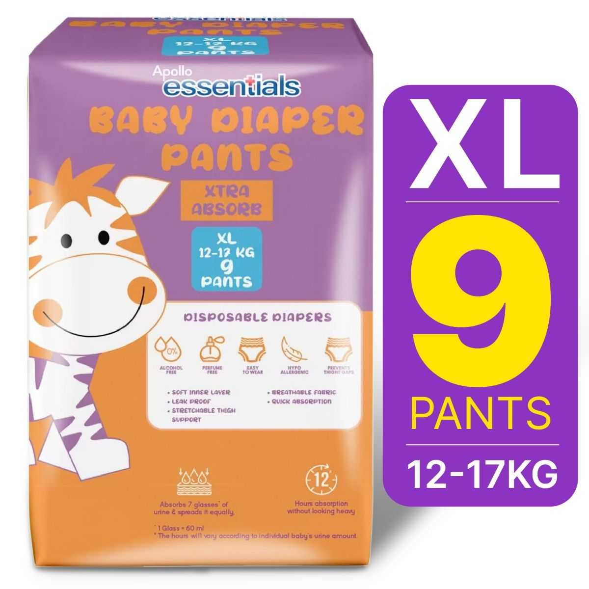 Apollo Essentials Extra Absorb Baby Diaper Pants XL, 9 Count | Uses ...