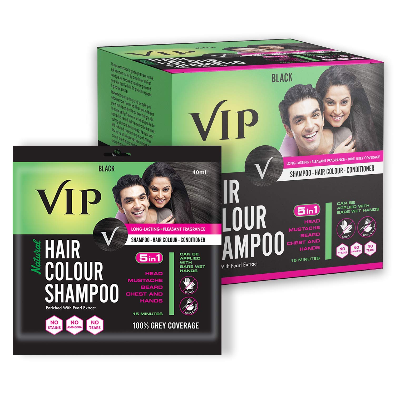 Vip Natural Black Hair Colour Shampoo, 40 ml | Uses, Benefits, Price ...