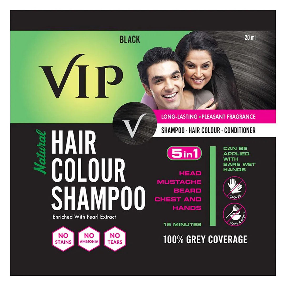VIP Natural Black Hair Colour Shampoo, 20 ml | Uses, Benefits, Price ...