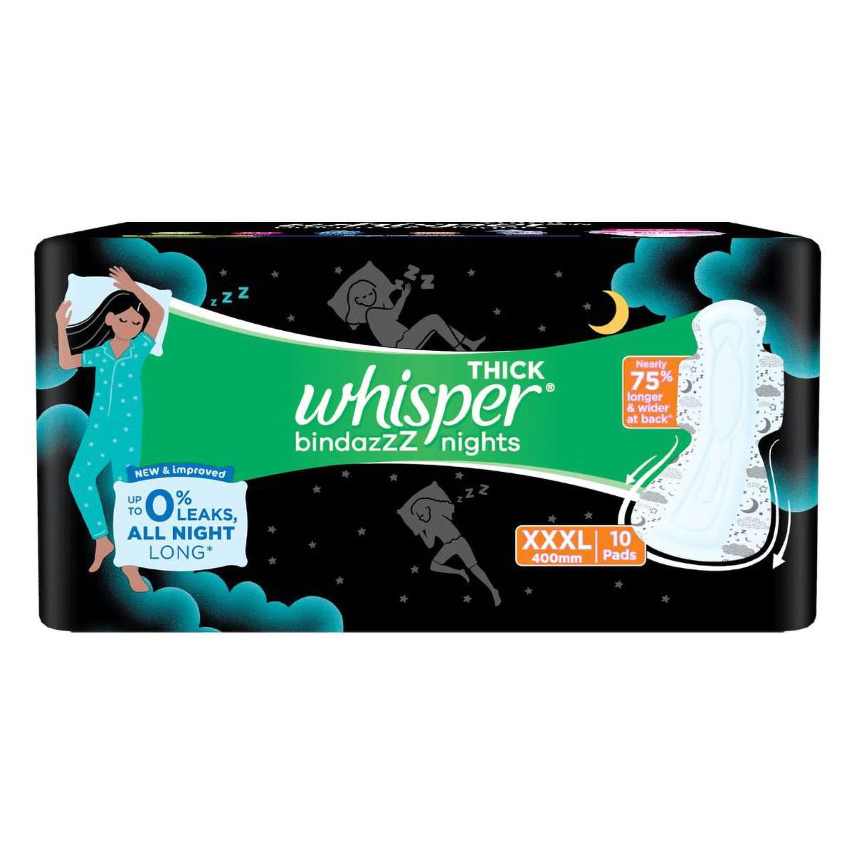 Whisper Bindazzz Nights Sanitary Pads XXXL, 10 Count | Uses, Benefits, Price | Apollo Pharmacy